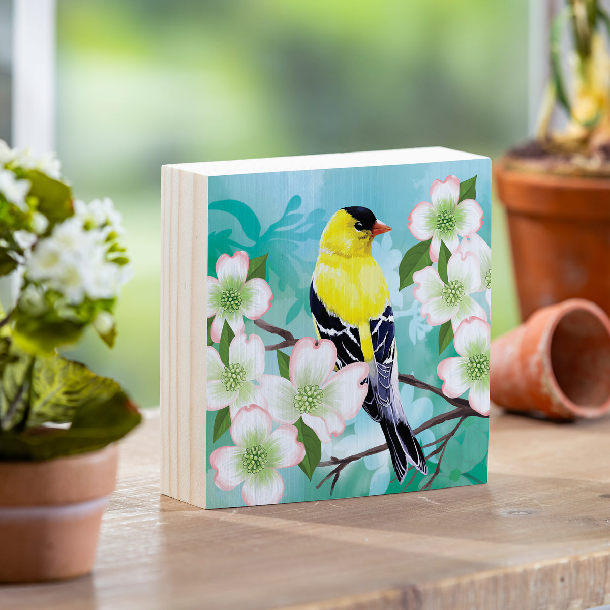 What She Shed Goldfinch Dogwood Blossoms Sign Wood Block, 6"x6" – Plow ...