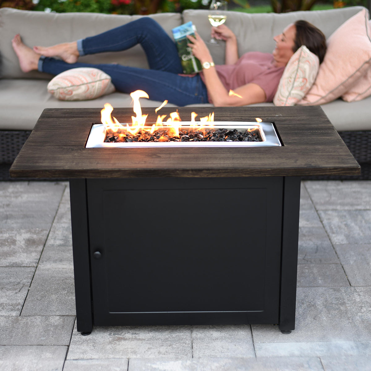 Kamden Propane Gas Fire Pit with Faux Wood Tabletop and Glass Rocks ...