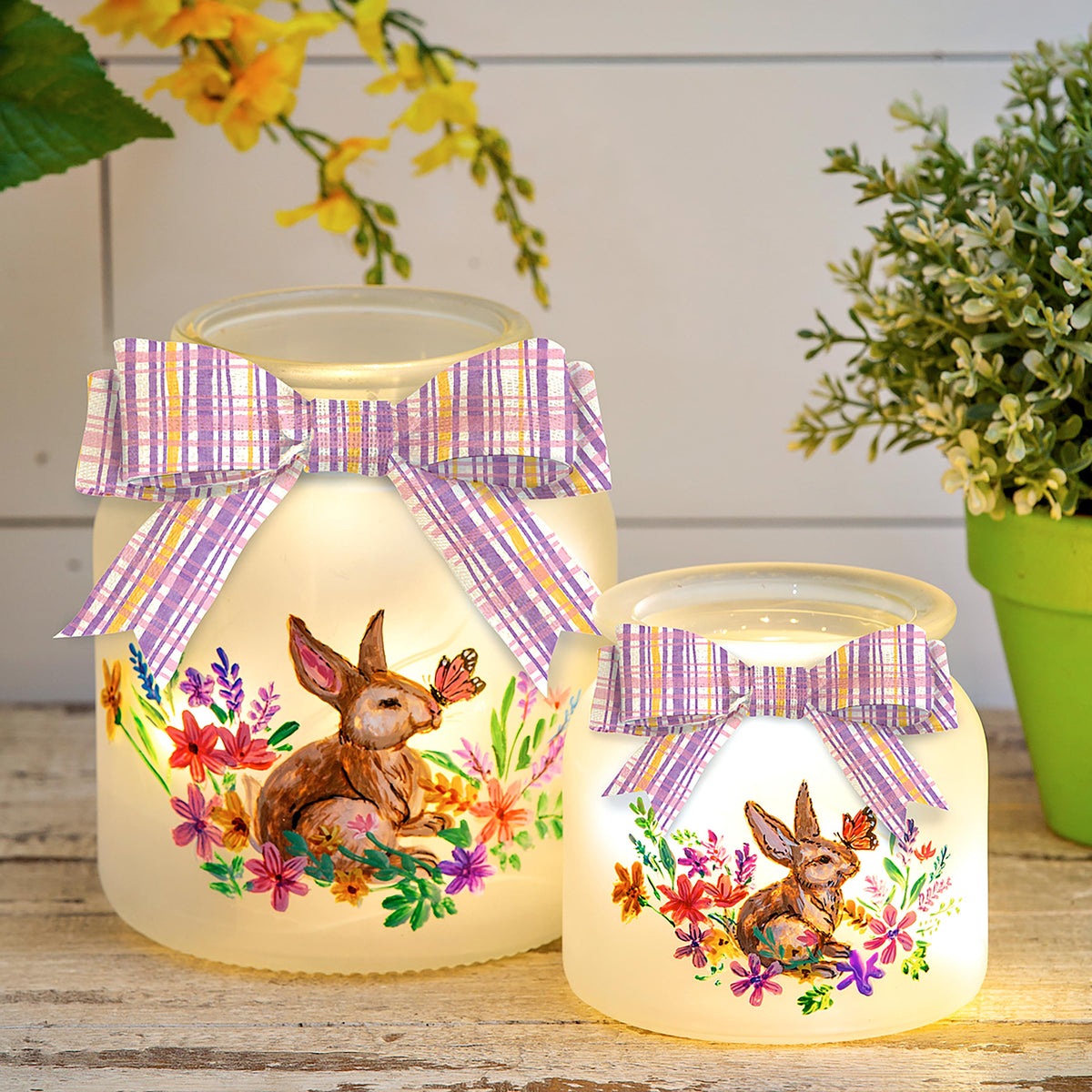 Lighted Glass Jar with Springtime Bunny Scene, Set of 2 – Plow & Hearth