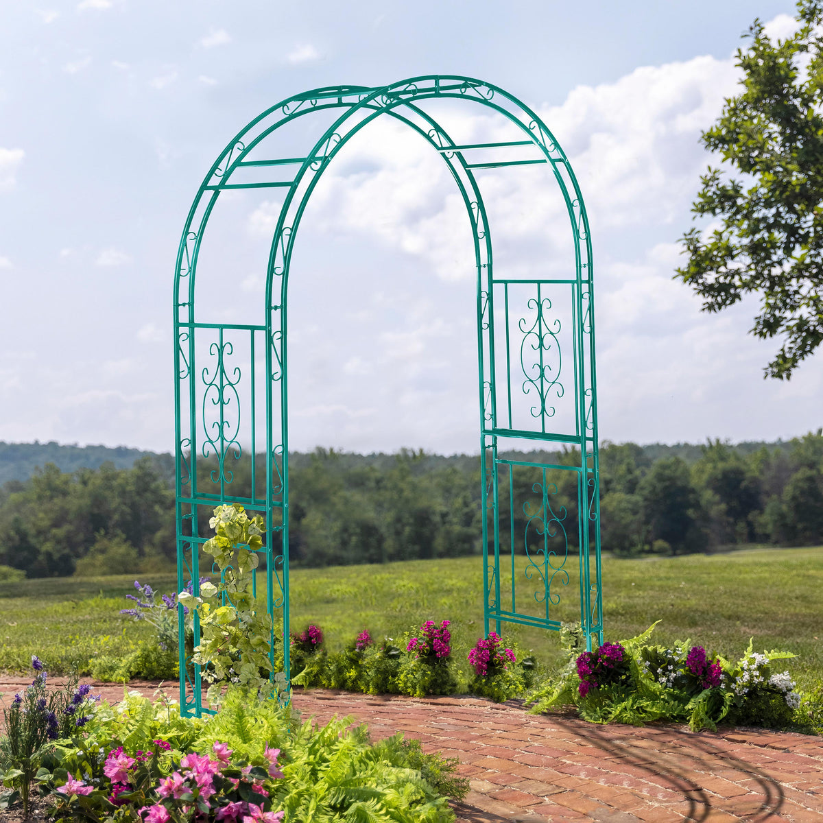 Colored Montebello Scrollwork Metal Garden Arbor, Coastal Blue – Plow ...