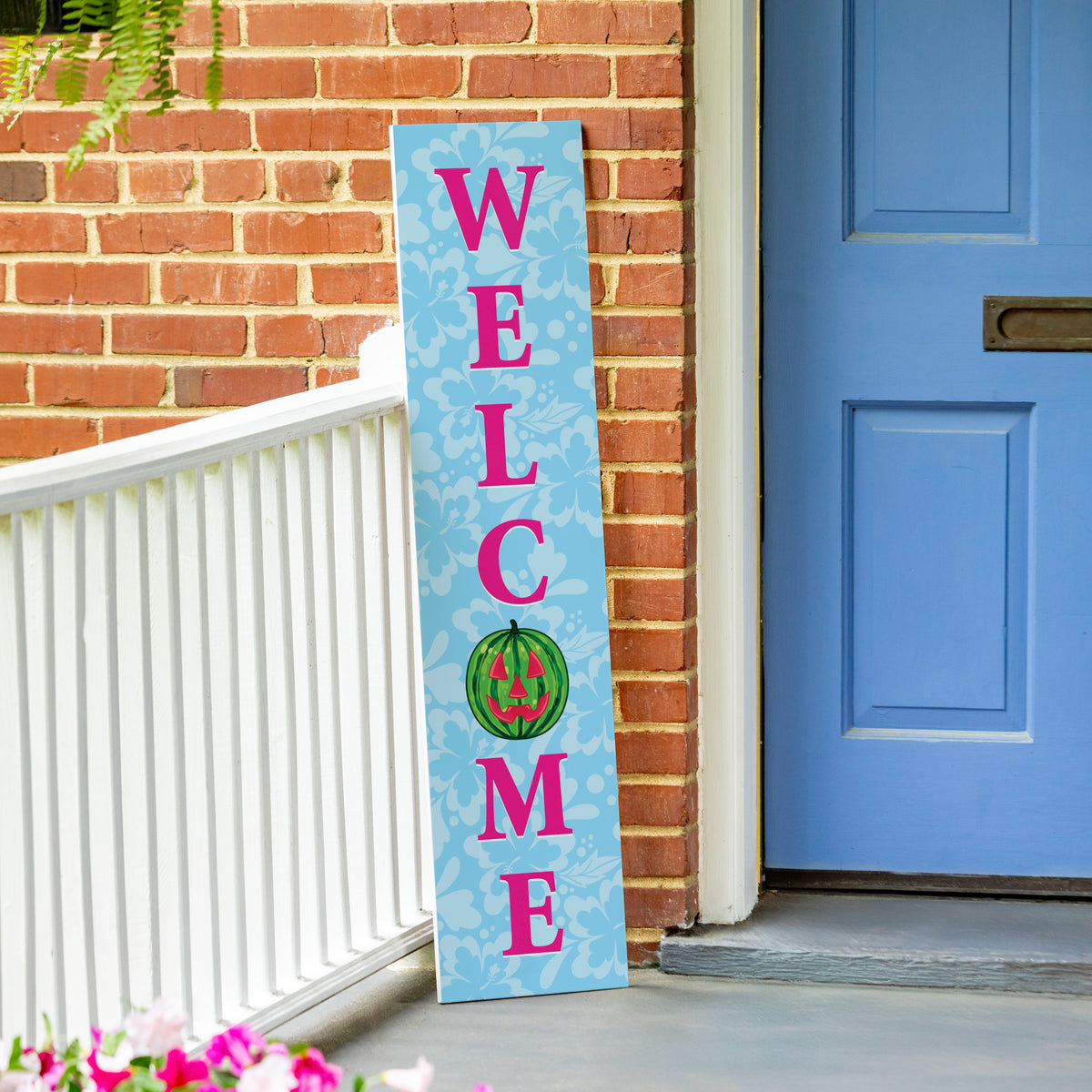 Summerween Porch Leaner Watermelon Pumpkin, "Welcome", 46"H – Plow & Hearth