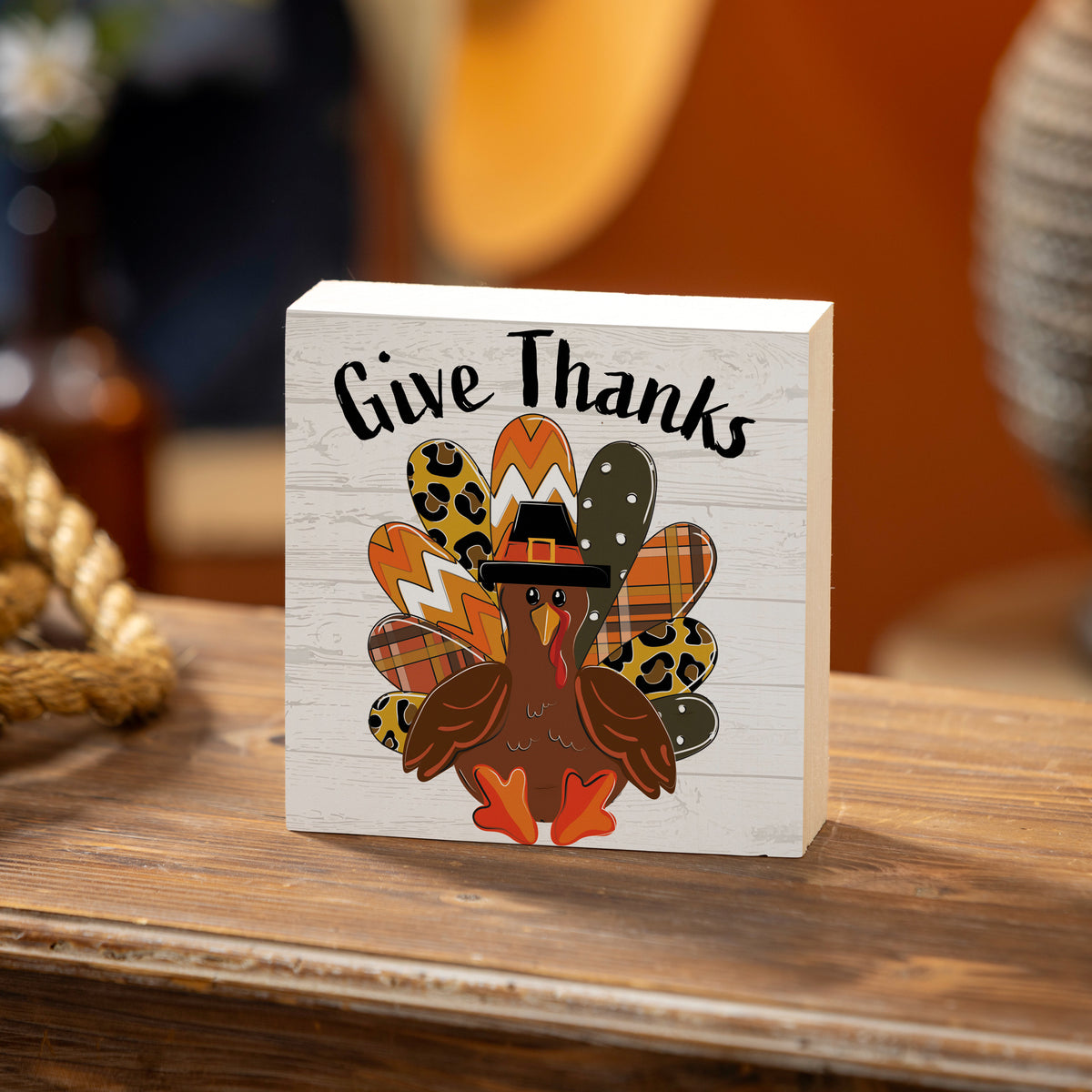 Grateful Gatherings Give Thanks Patterned Turkey Sign Plock, 6"x6 ...