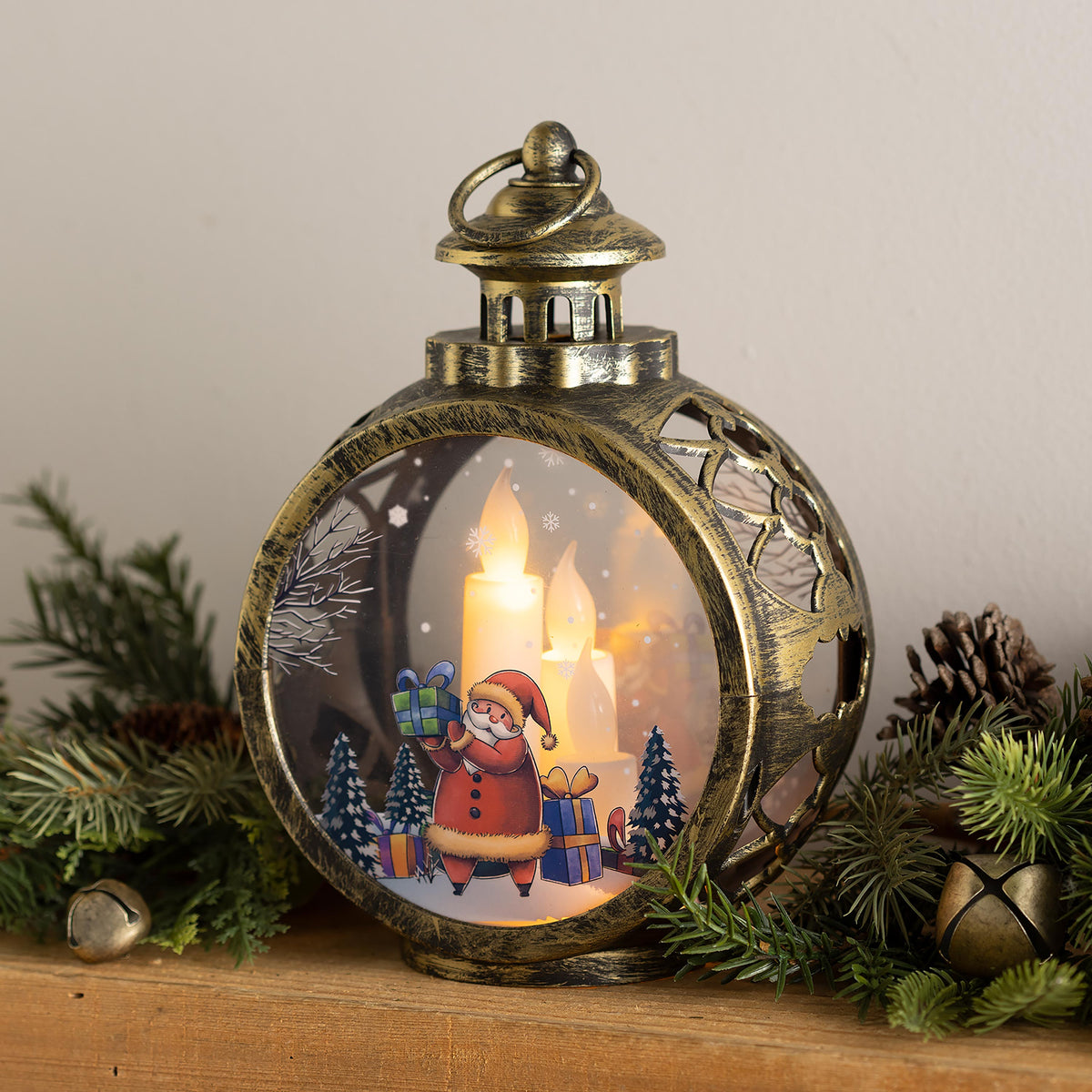 Santa Claus Christmas Scene Lantern with LED Candles – Plow & Hearth