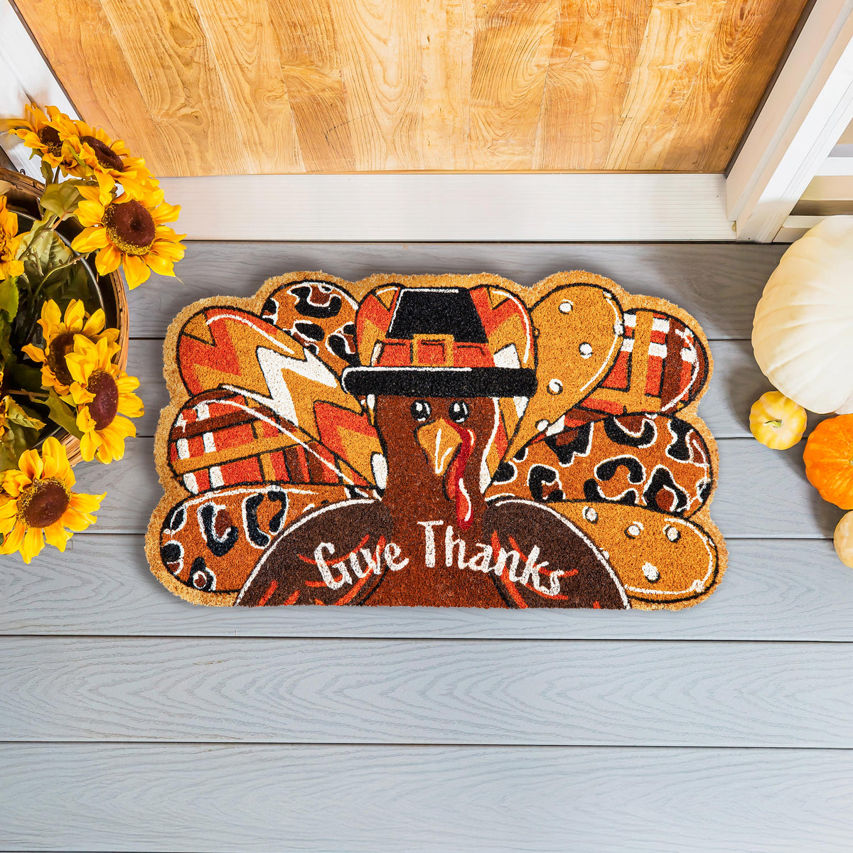Give Thanks Patterned Turkey Shaped Coir Mat – Plow & Hearth