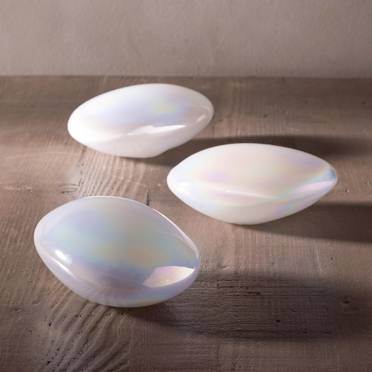 Organic Shaped Iridescent Glass Stones, Set of 3, White – Plow & Hearth