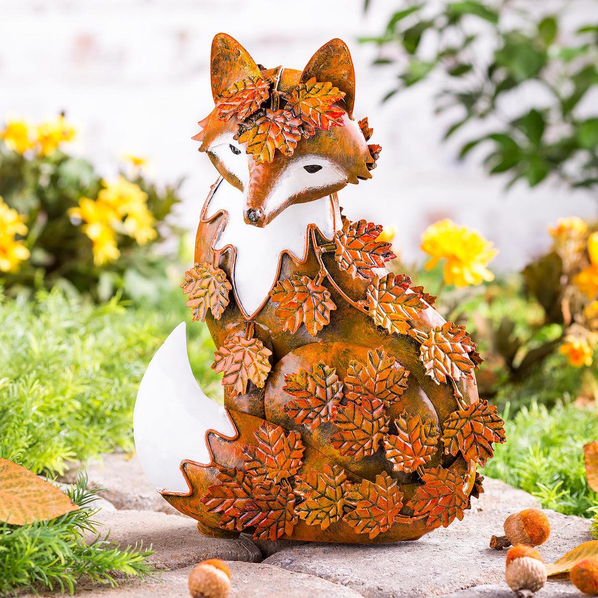 Handcrafted Metal Fox Sculpture Draped in Fall Leaves – Plow & Hearth