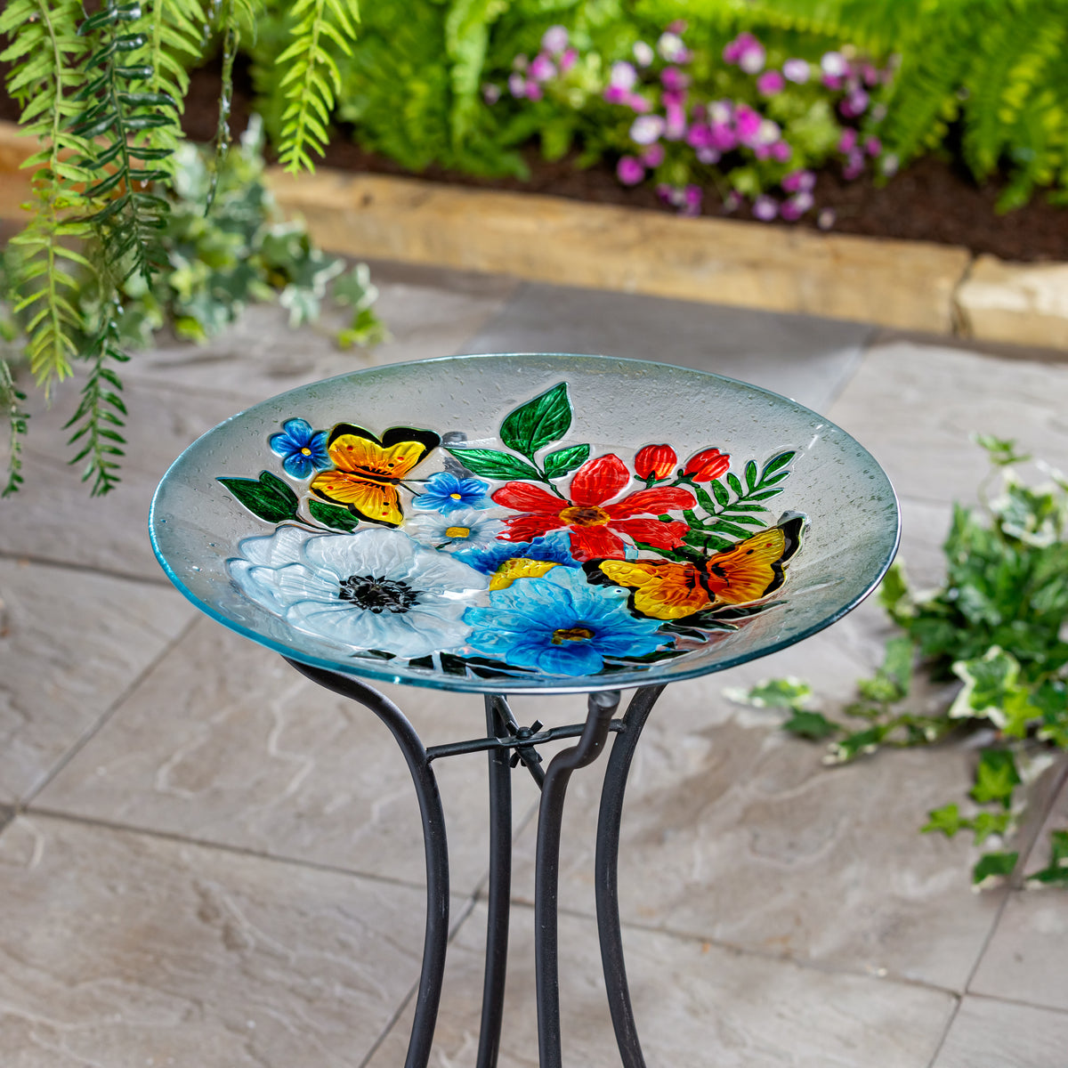 Red, White, & Bloom Birdbath, Flower Butterfly Hand Painted Glass Bird ...