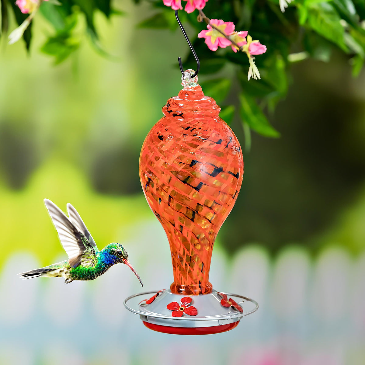 Pollinator Garden Bird Feeder, Red Speckled Art Glass Hummingbird Feed ...