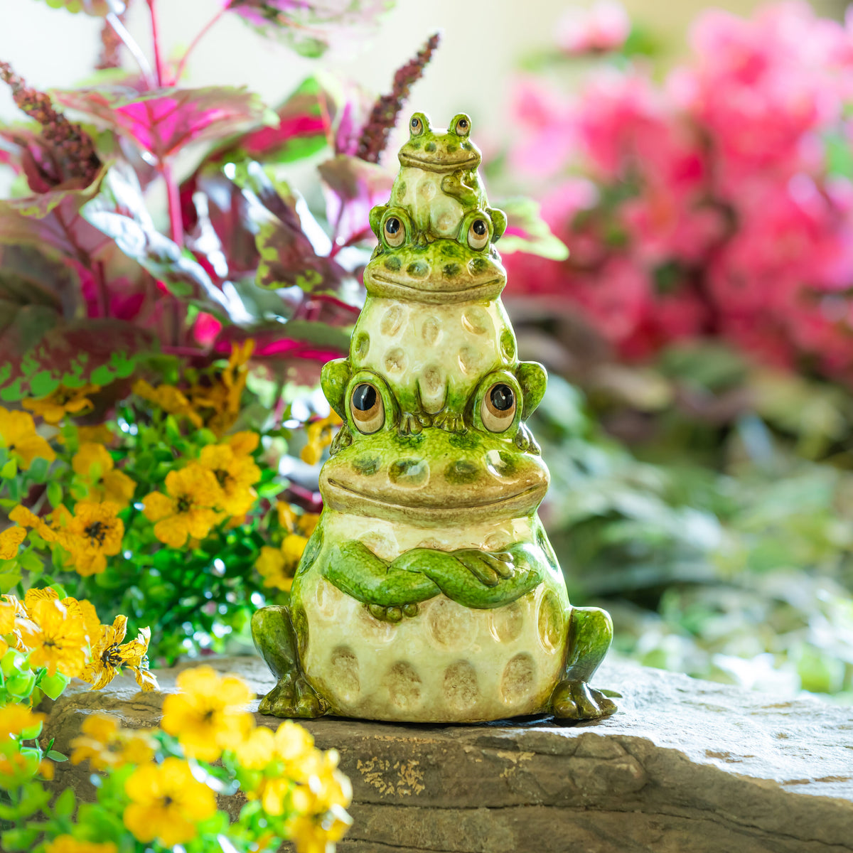 10"H, Pollinator Garden Ceramic Stacked Frog Garden Statue – Plow & Hearth
