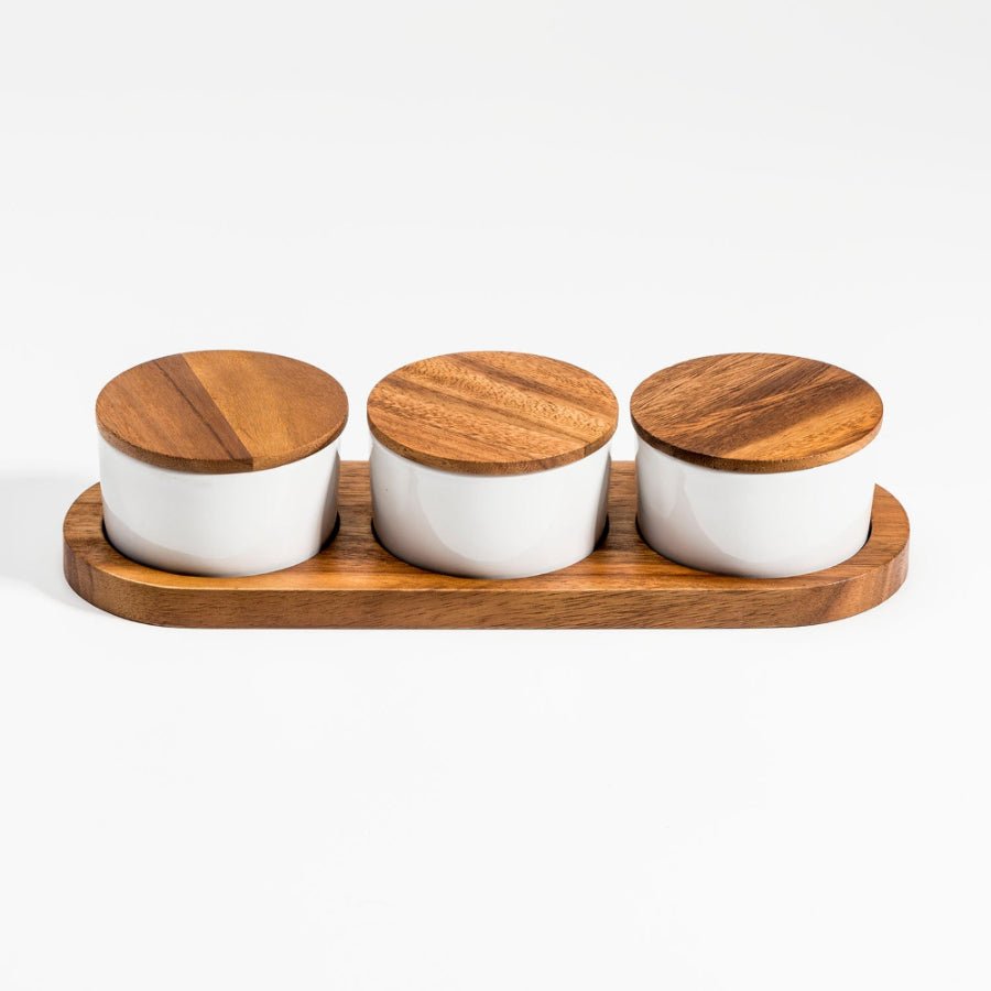 Set of 3 Ceramic Bowls with Acacia Wood Lids and Base – Elegant Kitche ...