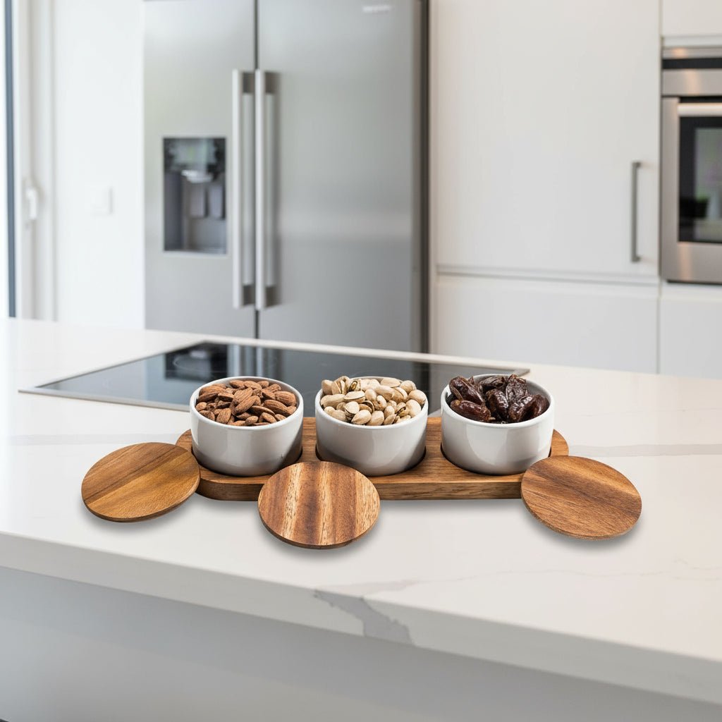 Set of 3 Ceramic Bowls with Acacia Wood Lids and Base – Elegant Kitche ...