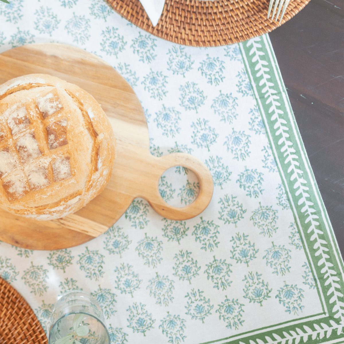 Tablecloth - Lotus, Sage & Uniform Blue – Plow & Hearth